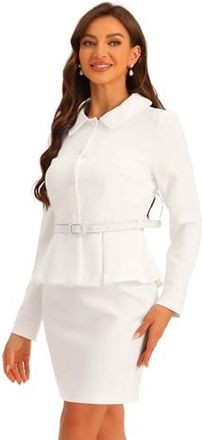 Allegra K Ensemble de Costumes daffaires 2 Pièces Femme Col Claudine Veste Blazer Péplum À Basque Et Jupe Courte Crayon Blanc L