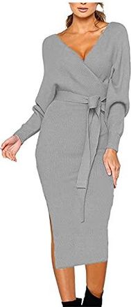 Generic Robe &agrave; manches longues et col en V avec ceinture pour femme, gris, XL