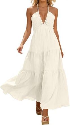 Generico Robe mi-longue d&eacute;t&eacute; d&eacute;contract&eacute;e en coton avec fines bretelles et col en V sans manches avec col dos nu et ourlet &agrave; volants, Wh2, XX-Large