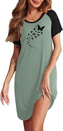 Ekouaer Women Nightdress Print Short Sleeve Nightwear Cut Neglige Soft Sleep Shirt Loose Nighties Vert XXL