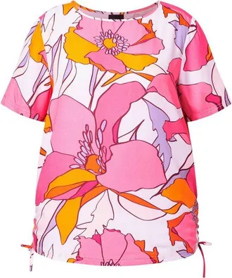 Ulla Popken Longbluse Bluse Bl&uuml;ten Raffb&auml;nder Rundhals Halbarm