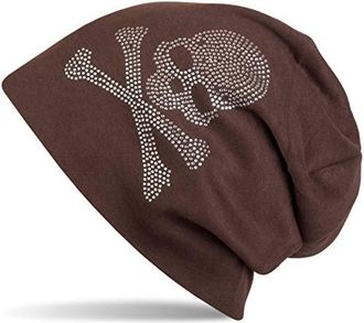 styleBREAKER Bonnet Classique avec Application en Strass en Forme de tête de Mort, Unisexe 04024034, Couleur:Marron foncé, matériel:Chaud