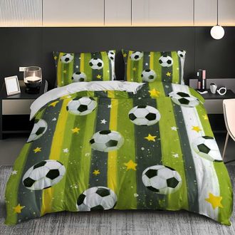 Generic Bettw&auml;sche-Sets 180x200 cm Sport Fu&szlig;Ballstreifen Bettbezug Mikrofaser mit Rei&szlig;verschluss, Weich Leicht zu reinigen Bettw&auml;sche Gr&uuml;N 3teilig f&uuml;r Kinder 