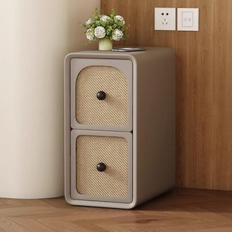 Generic Moderner Nachttisch Aus Leder - Schmaler Nachttisch Im Mid-Century-Stil Mit Rattanschubladen, Kein Zusammenbau (11,8 B × 15,7 T × 19,2 H, Dunkelgrau)(