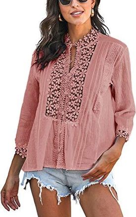 Minetom Femme Tunique Manches Longues Tops Dentelle Hauts Chic Ete Casual Blouse Tee Shirt Plage Loose Coton Chemise Chic Rose 34
