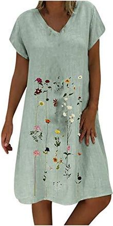 FNKDOR Robe Femme Dété Longue T-Shirt à Manches Courtes en Coton et Lin Casual Grande Taille Lâché Robe Mini(YC Vert,L)