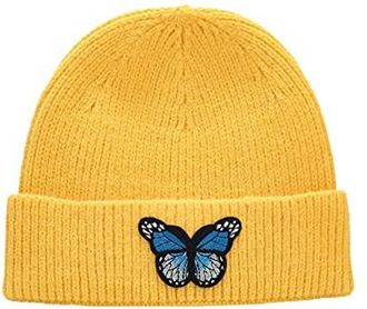 Generic Bonnet de ski en tricot chaud pour femme Motif papillon brod&eacute;, jaune, Taille unique