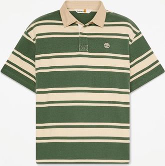 Timberland All Gender Kurz&auml;rmeliges Rugby-Polohemd mit Streifen in Dunkelgr&uuml;n/Beige, Gr&uuml;n, Gr&ouml;&szlig;e
