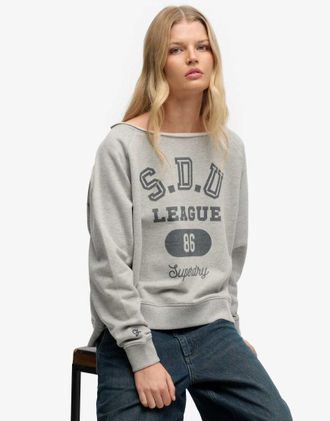 Superdry Athletic Essentials - Sweatshirt in meliertem Grau mit Bardot-Rundhalsausschnitt