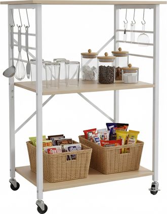 Relaxdays K&uuml;chenwagen, 3 Ebenen, mit 6 Haken, Metall, Rollwagen K&uuml;che, Haushalt & B&uuml;ro, HBT: 89x60x40 cm, Natur-wei&szlig;