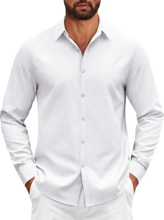 Coofandy Herren Hemd Langarm Baumwolle Regular Fit Button Down Formal Comfort Businessthemd Wei&szlig; XXL
