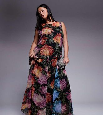 Asos Curve ASOS DESIGN Curve - Robe longue avec jupe &agrave; godets et imprim&eacute;s fleuris-Multicolore