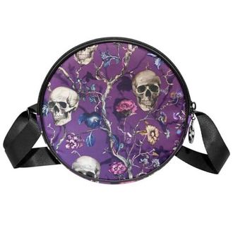 Generic Petit sac &agrave; bandouli&egrave;re circulaire pour femme, motif cr&acirc;nes, fleurs, petit sac &agrave; bandouli&egrave;re avec fermeture &eacute;clair, bretelles r&eacute;glables, sac &agrave; main ro