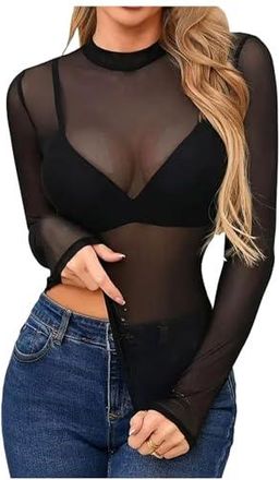 Generic Haut en Maille Femme Sexy, Tee Shirt Manche Longue à Col Roulé-Top Moulant Transparent Chic Et Elegant Tunique Slim Fit Casual Classique Mode Streetwe