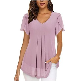 Generic Chemisier pour femme - Tunique en mousseline de soie - &Eacute;l&eacute;gante - Col en V - Haut pliss&eacute; - Style p&eacute;tale - Manches courtes - Pull d&eacute;t&eacute; - Pull en tulle 