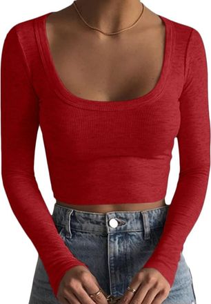 Minetom Damen Langarm T-Shirt mit Quadratischer Ausschnitt Basic Langarmshirt Crop Tops Bauchfrei Oberteile Sweatshirt Pullover Top Herbst Ribbed A Rot XS