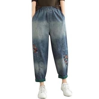 Generic Jean taille haute pour femme Y2K Baggy Flower brod&eacute; &eacute;lastique jean droit jambe large pantalon d&eacute;contract&eacute; artistique 7 pouces jeans streetwear, Noir, 