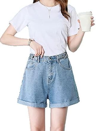 Lazutom Short en jean taille haute pour femme - Jambe large - Bleu - 46