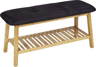 WENKO Schubank Mod. Ecori mit Sitzpolster, Sitzbank aus Bambus (FSC-Zertifiziert), Ablage für max. 4 Paar Schuhe, Bezug aus recyceltem Polyester, 90 x 45 x 