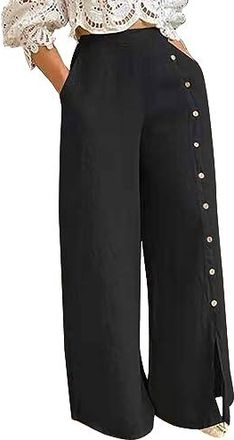 Generic Pantalon à jambe large pour femme avec boutons fendus sur le côté, taille haute, style bohème, palazzo, décontracté, pour le travail, le bureau, le tr