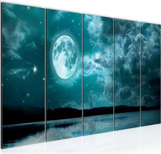 Runa Art Wandbild XXL Nachthimmel Mond Wohnzimmer Schlafzimmer 200 x 80 cm Türkis 5 Teilig - Made in Germany - 607555c
