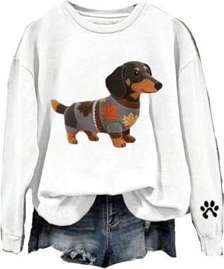 Generic Sweat-shirt pour femme Printemps et Automne Imprim&eacute; Art Chien Dr&ocirc;le Teckel Automne Sweat-shirt, blanc, M
