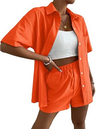 TOMWELL Ensemble 2 Pièces en Lin pour Femme Col en V à Manches Courtes Chemise Boutonnée Chemisiers et Shorts Tenues dété Coupe Ample Survêtement Ensemble Str