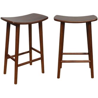 Sweeek Lot de 2 tabourets de bar vintage bois dh&eacute;v&eacute;a teinte noyer - 46 x 31 x 68 cm - Louna