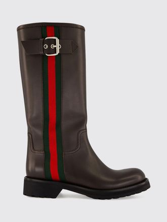 Gucci Biker-Stiefel aus glattem Kalbsleder mit Web-Detail und Schnalle