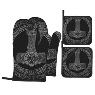 321 4 St&uuml;ck Topflappen-Set Hammer Mjolnir Wikinger Runen Nordische Mythologie K&uuml;che Ofenhandschuh Lustig Ofenhandschuhe Geeignet Topflappen F&uuml;r Kochen, Zu