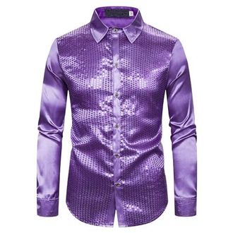 Generic Chemise &agrave; manches longues &agrave; paillettes scintillantes pour homme, style bo&icirc;te de nuit, chemise brillante effet soie pour rave, costume de f&ecirc;te, costume