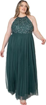 Maya Womens Maxikleid für Damen Brautjungfer Neckholder Pailletten verziert Abschlussball Hochzeit Dleider für Besondere Anlässe Bridesmaid Dress, Emerald 