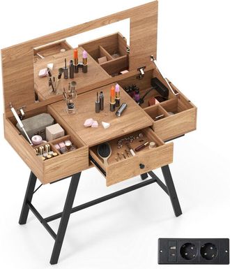 Costway Costway - Coiffeuse 2 en 1 avec miroir - Plateau rabattable - 6 compartiments de rangement - Station de charge int&eacute;gr&eacute;e - Dimensions 96,5 x 46,5 x