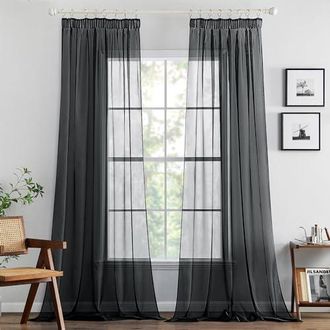 Miulee Rideaux Voilage Galon Fronceur Transparents Salon Fenetre Rideau et Draperies Intérieurs Voilages Cuisine Maison Chambre Noir Tige de Poche 140 x 225 