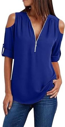 Generic Bouton Femmes V&ecirc;tements Femme Chemise L&acirc;che Mousseline de Soie Fermeture &Eacute;clair Manches Longues Tops Grande Taille Tops &Eacute;paule D&eacute;nud&eacute;e T-shirt Femme, 