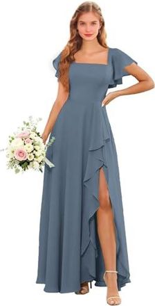 Generic Robe de demoiselle dhonneur à manches courtes en mousseline de soie avec fente et col carré, robe dinvitée de mariage, robe formelle pour mariage, ble