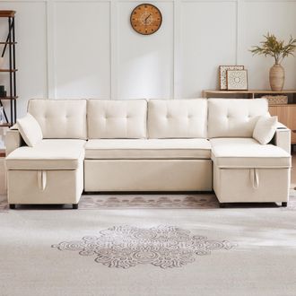 Generic Schlafsofa U-Form Wohnlandschaft XXL Couch mit Schlaffunktion 2 Bettkasten Getr&auml;nkehalter Leinenoptik Eisenrahmen Sofa Bed Sectional Big Sofa G&auml;stebet