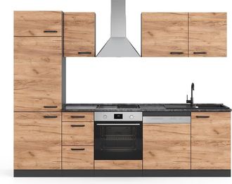 Vicco Küchenzeile Optima, Goldkraft Eiche/Anthrazit, 270 cm ohne Arbeitsplatte, mit Hochschrank