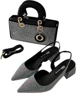 Generic Talons à bride arrière pailletée pour femme avec ensemble sac à main assorti, noir/argenté, 42 EU