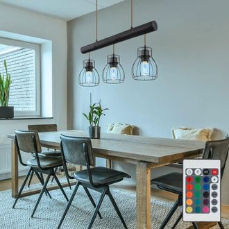 Globo Lighting Pendelleuchte Hängelampe Vintage Holzbalken Retro Holzleuchte Mit Gitterschirmen schwarz, Fernbedienung dimmbar, 3x rgb led 4,8W 470Lm, HxLxB
