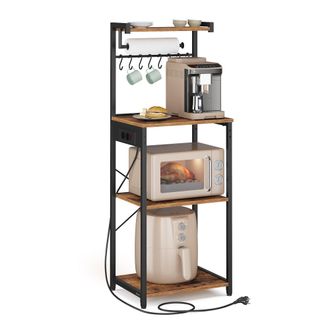 Vasagle K&uuml;chenregal mit Steckdosen, Standregal, Kaffeebar mit 4 Ebenen und 8 S-Haken, Mikrowellen-Regal, verstellbare Ablage, 40 x 45 x 140 cm, vintagebraun-t