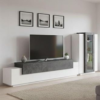 Dmora Ausgestattete Wand Mirko, TV-St&auml;nder-Wohnzimmerset, Mehrzweck-Wohnzimmerm&ouml;bel, 100 % Made in Italy, 280 x 45 x 121 cm, gl&auml;nzendes Wei&szlig; und Schiefer