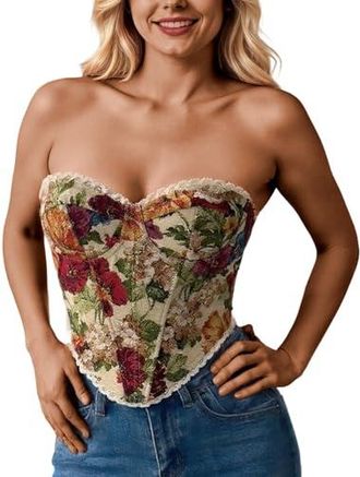 Generic Corset Femme Gothique, Soutien-Gorge Bandeau R&eacute;tro &Agrave; Imprim&eacute; Floral Pour Femme Avec Lien En Dentelle Et Gilet &Agrave; Chevrons Style Fran&ccedil;ais
