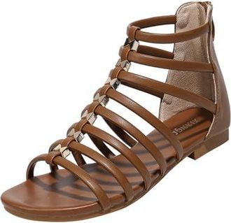 Generic Sandales plates en cuir pour femmes, sandales orthop&eacute;diques bout ouvert, chaussures marche strass, chaussures plage talons bas gladiateur 2 cm,Marron,