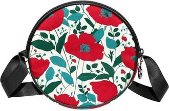 Generic Sac &agrave; bandouli&egrave;re rond pour femme, motif coquelicots et feuilles, petit sac &agrave; bandouli&egrave;re avec fermeture &eacute;clair, bretelles r&eacute;glables, sac &agrave; main rond 
