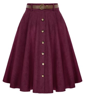 Belle Poque Damen Cord Röcke Hohe Taille A-Linie Swing Rock mit Gürtel&Taschen Weinrot 2XL