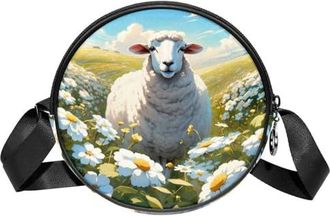 Generic Sac &agrave; bandouli&egrave;re rond pour femme, motif fleur de mouton, petit sac &agrave; bandouli&egrave;re avec fermeture &eacute;clair, bretelles r&eacute;glables, sac &agrave; main rond d&eacute;contra