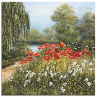 Artland ARTland Wanddeko Wandbild Alu Verbundplatte für Innen & Outdoor Bild 50 x 50 cm Botanik Blumenwiese Mohnblume Malerei Grün Mohnwiese am See A1MB