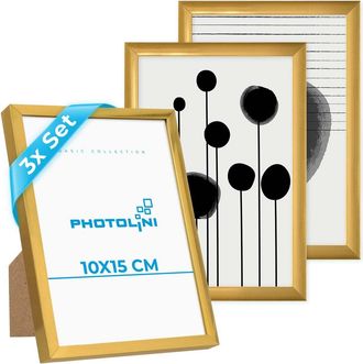 Photolini Bilderrahmen 10x15 cm Gold, 3er Set Kunststoff-Rahmen schmal, bruchsicheres Acrylglas, zum Aufstellen und Aufhängen, extra Zubehör - Dokumentenrahmen 