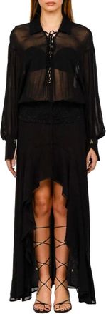 Patrizia Pepe Femme, Robes, Noir, Taille: 40 FR Longue robe en georgette avec d&eacute;tails en dentelle